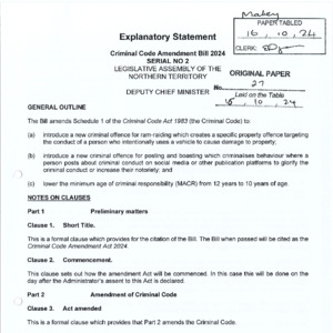 Territory Stories - Explanatory Statement, Criminal Code Amendment Bill ...